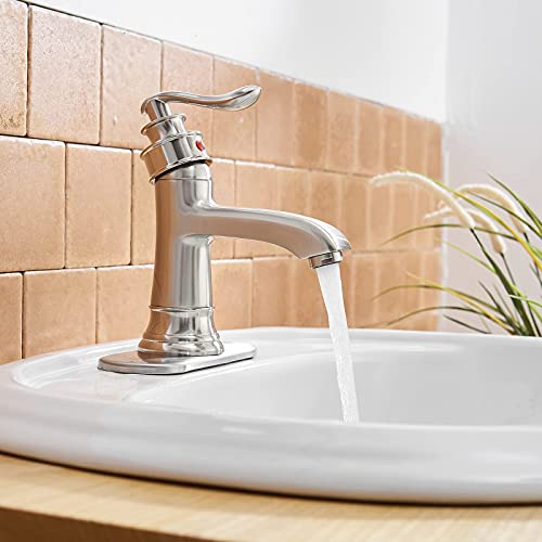 Bathfinesse Brushed Nickel Bathroom Faucet Bathroom Sink Faucets&Parts with Pop Up Drain Assembly Vanity Bath Deck Mount Single Handle Single Hole Commercial Trough Stream Water Supply Lines Lead-Free