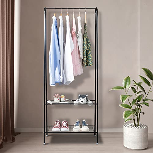 Karl home Freestanding Coat Rack Garment Rack, Portable Clothes Rack with 2 Tier Wire Metal Shelves Hanging Rod, Heavy Duty Clothing Stand for Drying Entryway Bedroom Laundry Living Room, Black 62.9"H