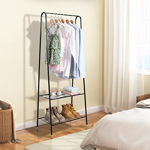 Karl home Freestanding Coat Rack Garment Rack, Portable Clothes Rack with 2 Tier Wire Metal Shelves Hanging Rod, Heavy Duty Clothing Stand for Drying Entryway Bedroom Laundry Living Room, Black 62.9"H