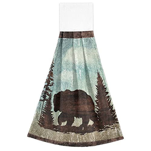 Black Bear Hanging Kitchen Towels Set 2 Pcs - Retro Forest Deer Dish Cloth Tie Towel Absorbent Soft Dry Towel for Bathroom Laundry Room Decor