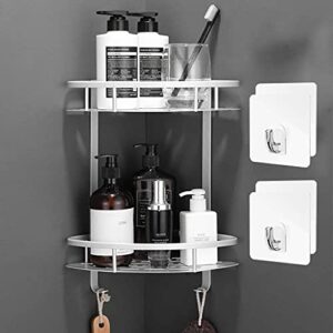 guaber shower caddy corner shelf, 2 tiers aluminum alloy wall mounted bathroom shower organizer, self adhesive shower shelf basket shampoo storage rack with hooks for bathroom toilet dorm kitchen