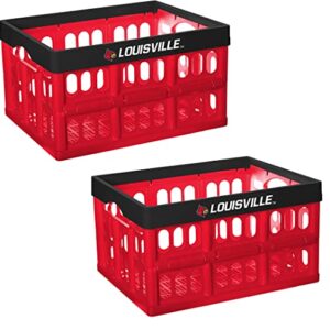 Set of 2 NCAA University of Louisville Stackable & Collapsible Crate/Storage Bin - Perfect For Books, Clothes in Dorms, Rooms & Closets - Basket Collapses/Ideal for Price Club Runs 50 Lb Capacity