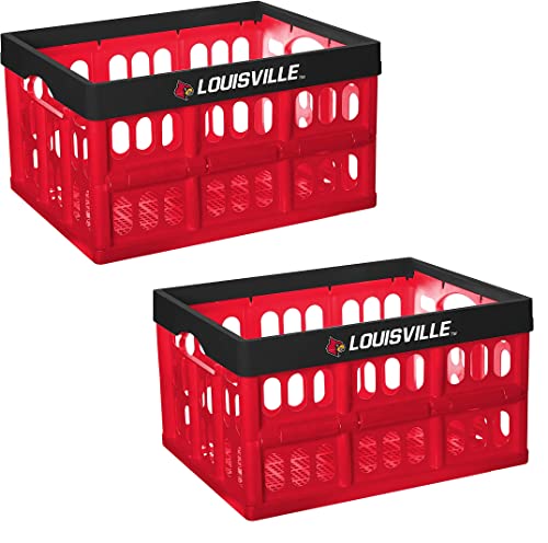 Set of 2 NCAA University of Louisville Stackable & Collapsible Crate/Storage Bin - Perfect For Books, Clothes in Dorms, Rooms & Closets - Basket Collapses/Ideal for Price Club Runs 50 Lb Capacity