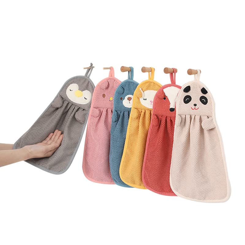 6 Packs Cute Hand Towels with Hanging Loop- Ultra Thick Children Bathroom Hand Towels Cartoon Animals Microfiber Absorbent Hand Towels for Kitchen