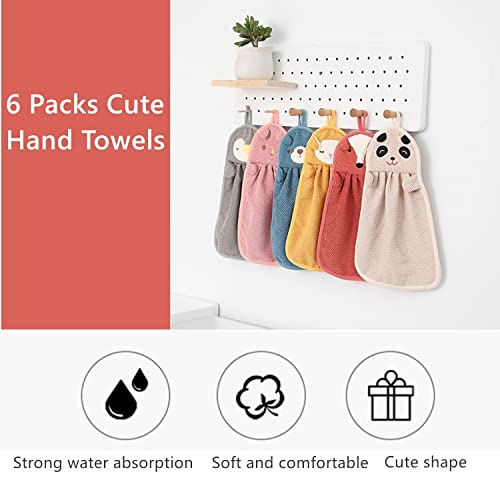 6 Packs Cute Hand Towels with Hanging Loop- Ultra Thick Children Bathroom Hand Towels Cartoon Animals Microfiber Absorbent Hand Towels for Kitchen