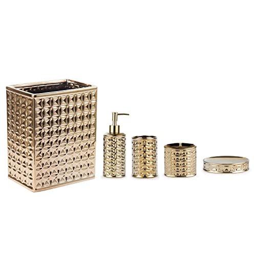 BASDHE Bathroom Accessories Set 5 Piece Bath Ensemble Includes Soap Dispenser, Toothbrush Holder, Toothbrush Cup, Soap Dish and Trash Can for Decorative Countertop and Housewarming Gift, Gold