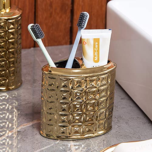 BASDHE Bathroom Accessories Set 5 Piece Bath Ensemble Includes Soap Dispenser, Toothbrush Holder, Toothbrush Cup, Soap Dish and Trash Can for Decorative Countertop and Housewarming Gift, Gold