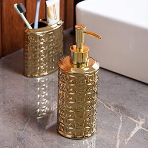 BASDHE Bathroom Accessories Set 5 Piece Bath Ensemble Includes Soap Dispenser, Toothbrush Holder, Toothbrush Cup, Soap Dish and Trash Can for Decorative Countertop and Housewarming Gift, Gold