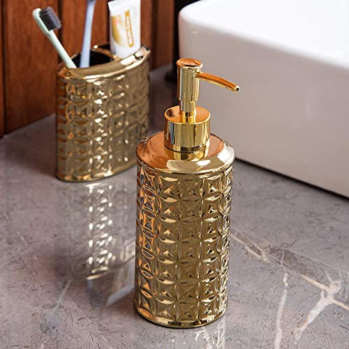 BASDHE Bathroom Accessories Set 5 Piece Bath Ensemble Includes Soap Dispenser, Toothbrush Holder, Toothbrush Cup, Soap Dish and Trash Can for Decorative Countertop and Housewarming Gift, Gold