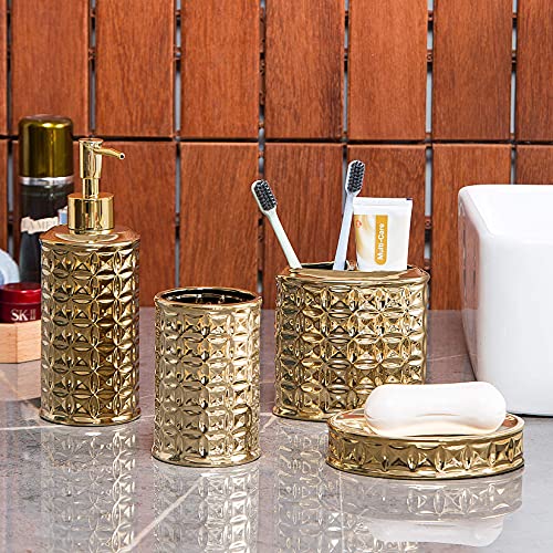 BASDHE Bathroom Accessories Set 5 Piece Bath Ensemble Includes Soap Dispenser, Toothbrush Holder, Toothbrush Cup, Soap Dish and Trash Can for Decorative Countertop and Housewarming Gift, Gold