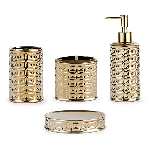 BASDHE Bathroom Accessories Set 5 Piece Bath Ensemble Includes Soap Dispenser, Toothbrush Holder, Toothbrush Cup, Soap Dish and Trash Can for Decorative Countertop and Housewarming Gift, Gold