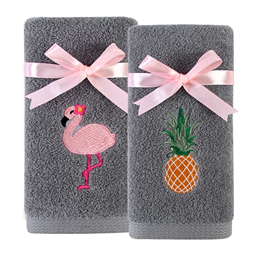 2 Pack Flamingo Pineapple Hand Towels 100% Cotton Embroidered Premium Luxury Summer Decor Bathroom Decorative Dish Towels Set for Drying, Cleaning, Cooking, Holiday Towels Gift Set 13.4'' x 29.1''