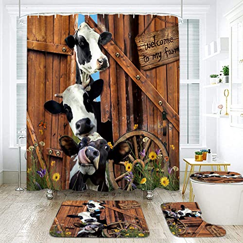 Shower Curtain Sets for Bathroom 4 Piece Farmhouse Cow Shower Curtain with Rugs Funny Bull Farm Animal Bath Decor Accessories with 12 Hooks (C,72 x72 inch)