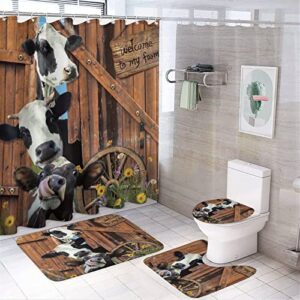 Shower Curtain Sets for Bathroom 4 Piece Farmhouse Cow Shower Curtain with Rugs Funny Bull Farm Animal Bath Decor Accessories with 12 Hooks (C,72 x72 inch)