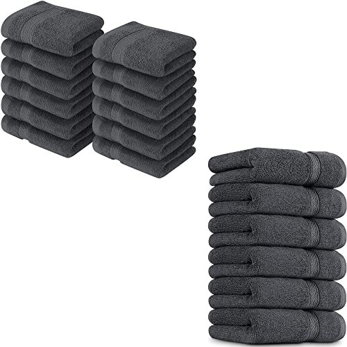 Utopia Towels Premium Bundle - Cotton Washcloths Grey (12x12 inches),Pack of 12 with Grey Hand Towels (16 x 28 inches), Pack of 6