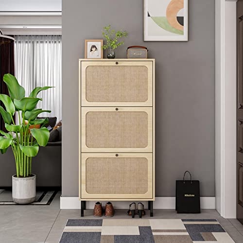 Natural Rattan Shoe Cabinet for Entryway Slim, 3 Drawer Tipping Bucket Shoe Organizer Cabinet with Metal Legs for Entryway, Hallway, Bedroom