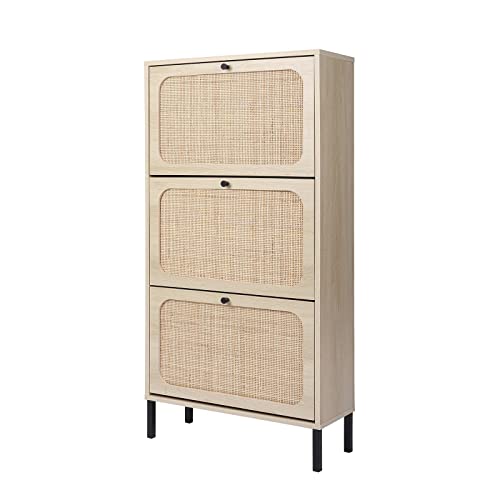 Natural Rattan Shoe Cabinet for Entryway Slim, 3 Drawer Tipping Bucket Shoe Organizer Cabinet with Metal Legs for Entryway, Hallway, Bedroom