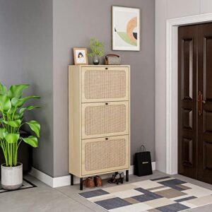 Natural Rattan Shoe Cabinet for Entryway Slim, 3 Drawer Tipping Bucket Shoe Organizer Cabinet with Metal Legs for Entryway, Hallway, Bedroom