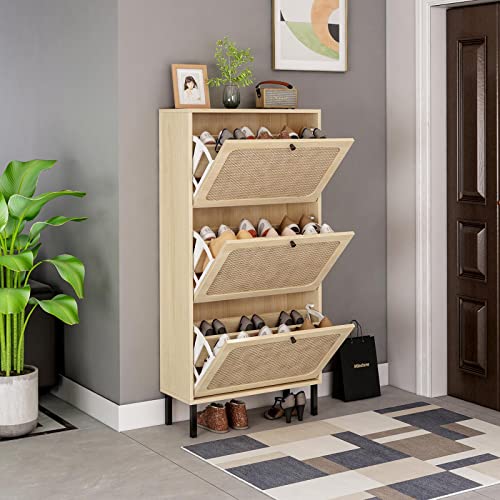 Natural Rattan Shoe Cabinet for Entryway Slim, 3 Drawer Tipping Bucket Shoe Organizer Cabinet with Metal Legs for Entryway, Hallway, Bedroom