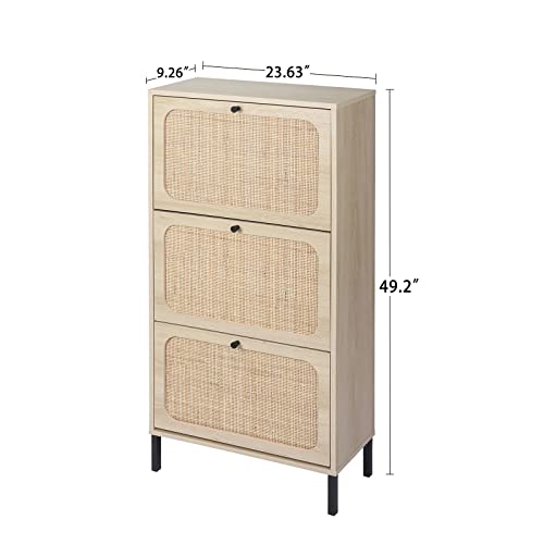 Natural Rattan Shoe Cabinet for Entryway Slim, 3 Drawer Tipping Bucket Shoe Organizer Cabinet with Metal Legs for Entryway, Hallway, Bedroom