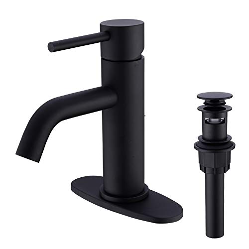 TRUSTMI Brass Bathroom Faucet with Pop Up Drain Assembly and 6-Inch 3 Hole Cover Deck Plate Single Lever Single Hole, Matte Black