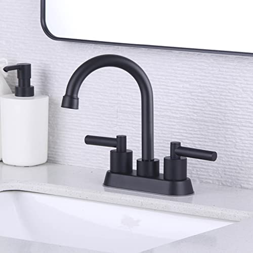 Black Bathroom Faucets, 4 Inch 2 Handle Centerset Bathroom Sink Faucet for 3 Hole, Lead-Free, RV Vanity Sink Faucet with Pop Up Drain and Water Supply Lines