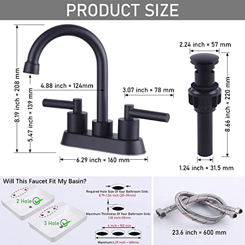 Black Bathroom Faucets, 4 Inch 2 Handle Centerset Bathroom Sink Faucet for 3 Hole, Lead-Free, RV Vanity Sink Faucet with Pop Up Drain and Water Supply Lines