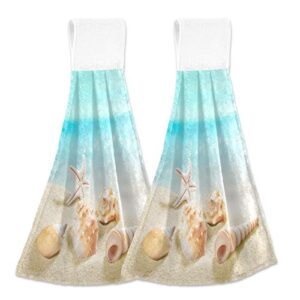 slhkpns summer starfish kitchen hanging hand towels,sand beach seashells absorbent tie towel with loop 2 pcs kitchen linen sets for bathroom restroom home decor