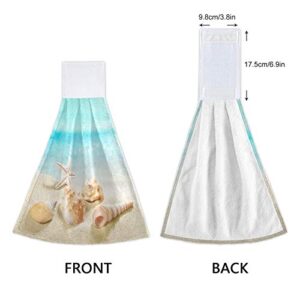 SLHKPNS Summer Starfish Kitchen Hanging Hand Towels,Sand Beach Seashells Absorbent Tie Towel with Loop 2 PCS Kitchen Linen Sets for Bathroom Restroom Home Decor