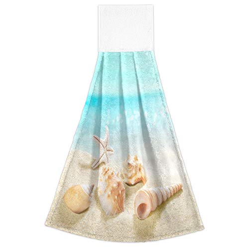 SLHKPNS Summer Starfish Kitchen Hanging Hand Towels,Sand Beach Seashells Absorbent Tie Towel with Loop 2 PCS Kitchen Linen Sets for Bathroom Restroom Home Decor