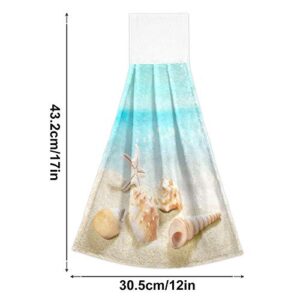 SLHKPNS Summer Starfish Kitchen Hanging Hand Towels,Sand Beach Seashells Absorbent Tie Towel with Loop 2 PCS Kitchen Linen Sets for Bathroom Restroom Home Decor