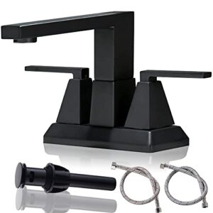 bravebar 4in black bathroom faucet - 2 handles centerset faucet bathroom 2 or 3 hole bathroom vanity sink faucets with pop-up drain | 360° swivel spout leadfree bathroom faucet matte black