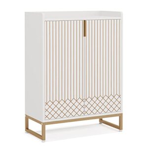 Tribesigns Shoe Cabinet, 25 Pairs Shoe Cabinets with Doors, White 5-Tier Wood Shoes Rack Organizer for Entryway, Freestanding Shoe Storage Cabinet with Gold Metal Frame for Bedroom Hallway Living Room