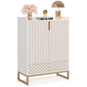 Tribesigns Shoe Cabinet, 25 Pairs Shoe Cabinets with Doors, White 5-Tier Wood Shoes Rack Organizer for Entryway, Freestanding Shoe Storage Cabinet with Gold Metal Frame for Bedroom Hallway Living Room