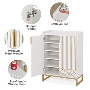 Tribesigns Shoe Cabinet, 25 Pairs Shoe Cabinets with Doors, White 5-Tier Wood Shoes Rack Organizer for Entryway, Freestanding Shoe Storage Cabinet with Gold Metal Frame for Bedroom Hallway Living Room