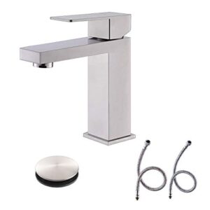 kenes single handle bathroom sink faucet, brushed nickel vanity faucet for bathroom sink, with pop up drain stopper & water supply hoses lj-9031