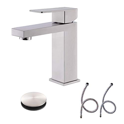 KENES Single Handle Bathroom Sink Faucet, Brushed Nickel Vanity Faucet for Bathroom Sink, with Pop Up Drain Stopper & Water Supply Hoses LJ-9031