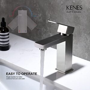 KENES Single Handle Bathroom Sink Faucet, Brushed Nickel Vanity Faucet for Bathroom Sink, with Pop Up Drain Stopper & Water Supply Hoses LJ-9031