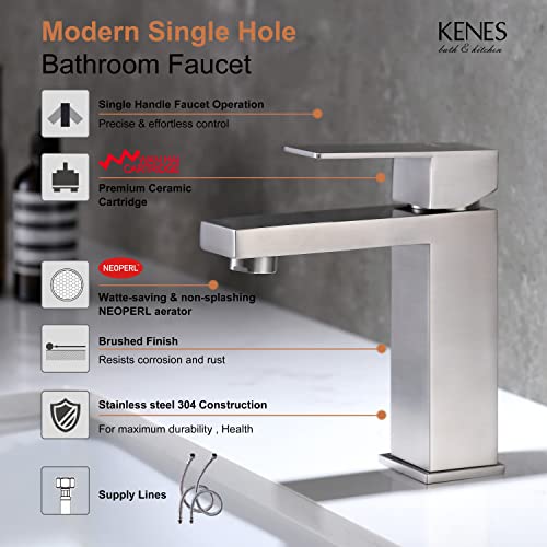 KENES Single Handle Bathroom Sink Faucet, Brushed Nickel Vanity Faucet for Bathroom Sink, with Pop Up Drain Stopper & Water Supply Hoses LJ-9031