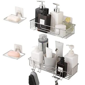 swizioco bathroom shower caddy organizer 2 baskets with 2 soap dishes hooks for shampoo conditioner, no drilling adhesive wall mount storage accessories, rustproof sus304 stainless steel silver