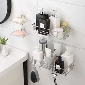 SwizioCo Bathroom Shower Caddy Organizer 2 Baskets with 2 Soap Dishes Hooks for Shampoo Conditioner, No Drilling Adhesive Wall Mount Storage Accessories, Rustproof SUS304 Stainless Steel Silver