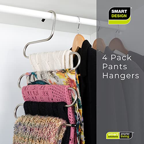 Smart Design Stainless Steel Pant Hangers - Set of 4 - Sturdy Space Saving 5-Tier S-Shape Rack - Metal Closet Organizer for Multiple Jeans, Clothes, Skirts, and Trousers Storage - Silver