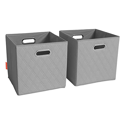 JIAessentials 12 inch Gray Foldable Diamond Patterned Faux Leather Storage Cube Bins Set of Two with Handles for living room, bedroom and office storage