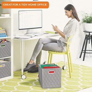 JIAessentials 12 inch Gray Foldable Diamond Patterned Faux Leather Storage Cube Bins Set of Two with Handles for living room, bedroom and office storage