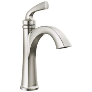 delta faucet geist single hole bathroom faucet brushed nickel, chrome bathroom faucets for sink 1 hole, bathroom sink faucet, drain assembly included, spotshield brushed nickel 15864lf-sp