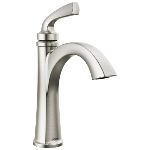 Delta Faucet Geist Single Hole Bathroom Faucet Brushed Nickel, Chrome Bathroom Faucets for Sink 1 Hole, Bathroom Sink Faucet, Drain Assembly Included, SpotShield Brushed Nickel 15864LF-SP