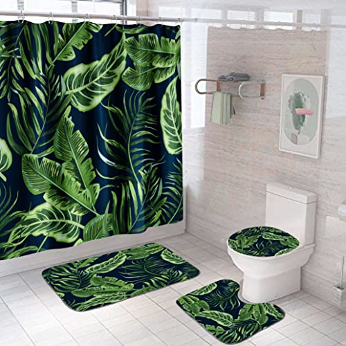 4 Pcs Tropical Plant Shower Curtain Set, Modern Bathroom Sets with Rugs and Accessories, Green Palm Leaf Bathroom Set Banana Leaves Bathroom Decor, Summer Hawaiian