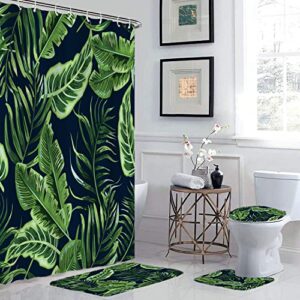 4 Pcs Tropical Plant Shower Curtain Set, Modern Bathroom Sets with Rugs and Accessories, Green Palm Leaf Bathroom Set Banana Leaves Bathroom Decor, Summer Hawaiian