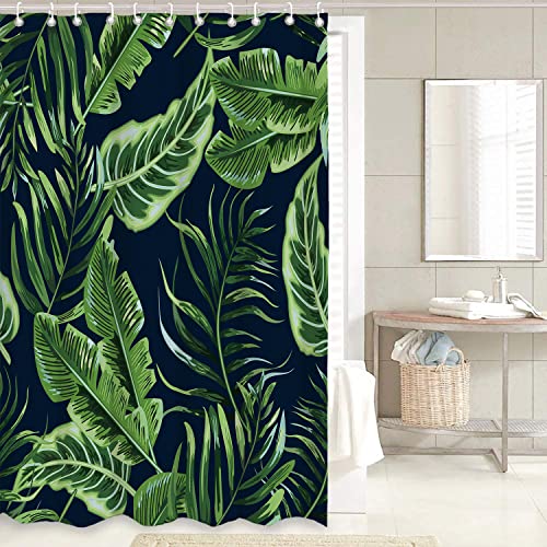 4 Pcs Tropical Plant Shower Curtain Set, Modern Bathroom Sets with Rugs and Accessories, Green Palm Leaf Bathroom Set Banana Leaves Bathroom Decor, Summer Hawaiian