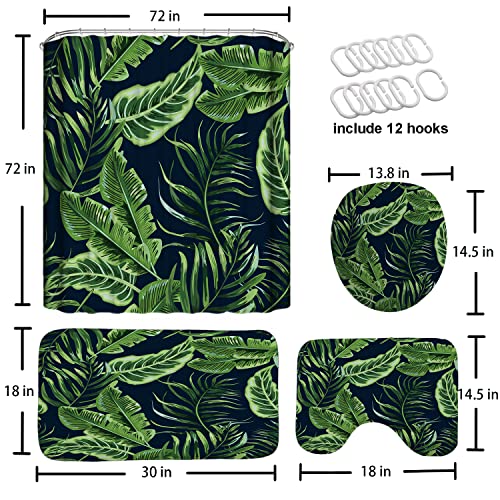 4 Pcs Tropical Plant Shower Curtain Set, Modern Bathroom Sets with Rugs and Accessories, Green Palm Leaf Bathroom Set Banana Leaves Bathroom Decor, Summer Hawaiian